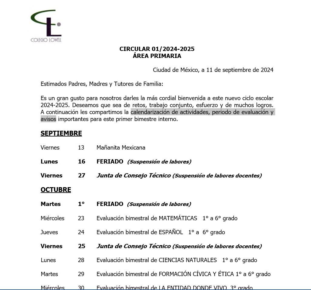 PRIMARIA. CIRCULAR 1. Calendarización de actividades, periodo de ... PRIMARIA. CIRCULAR 1. Calendarización de actividades, periodo de ...