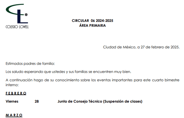 CIRCULAR PRIMARIA 06. MARZO. 2025 – Colegio Lowell